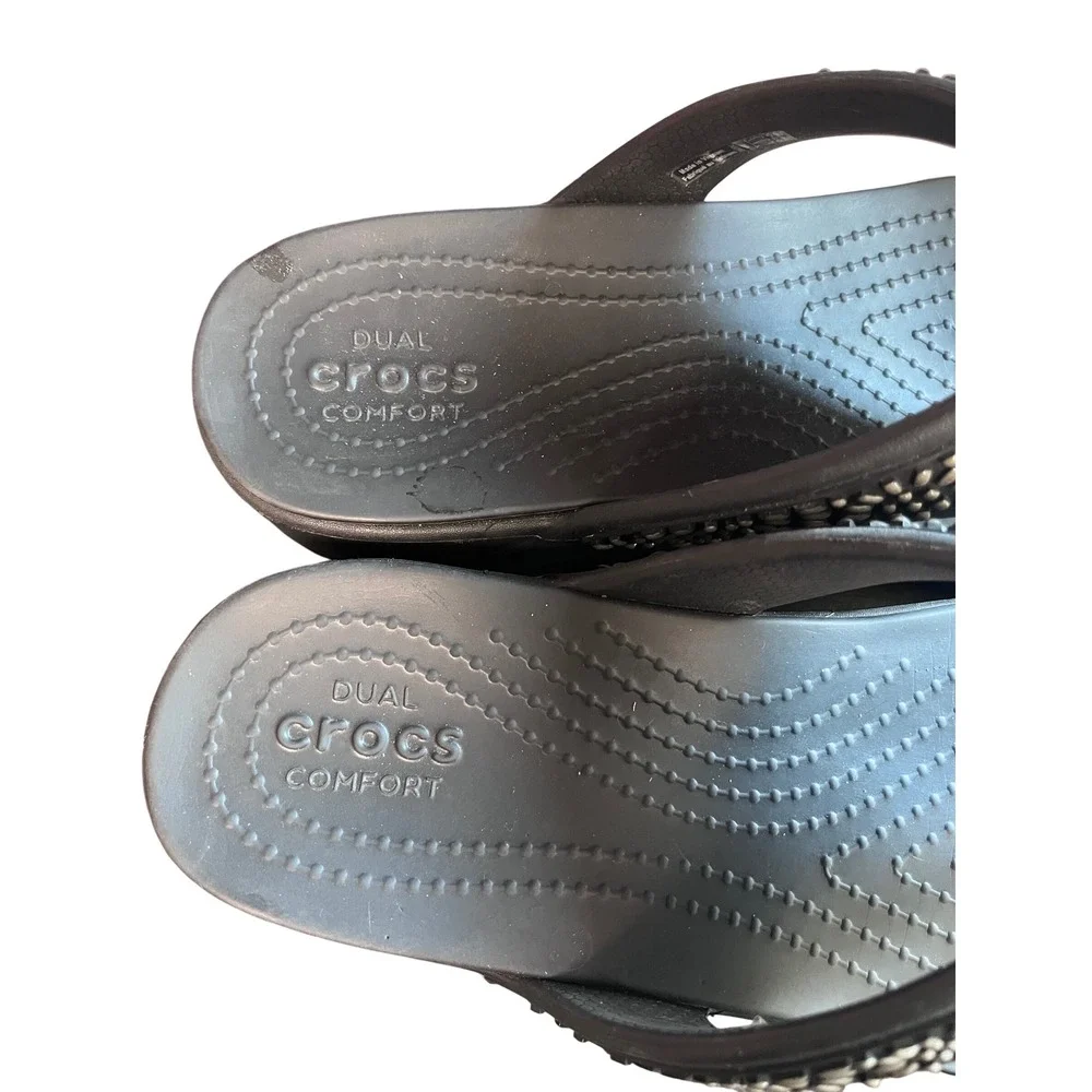 CROCS | Shoes | Crocs Sanrah Embellished Wedge Flip Flops Black Studded ...